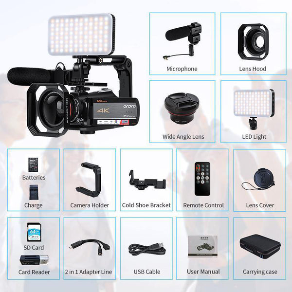 ORDRO HDR-AC5 Professional 4K 12X Optical Zoom Vlogging Live Camcorder ...